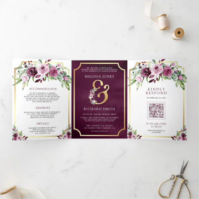 Pink Plum Floral Ampersand QR Code Wedding Tri-Fold Invitation | Zazzle