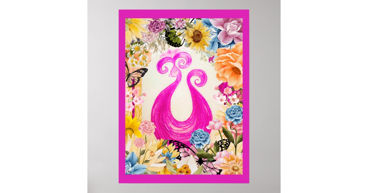 Pink Plum Peacock with colorful flowers Poster | Zazzle