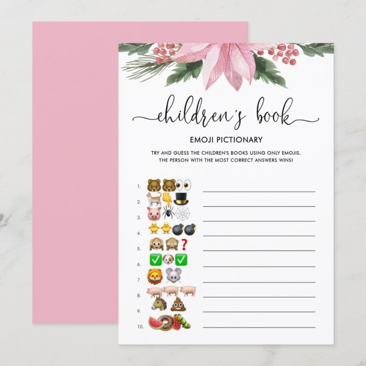 Pink Poinsettia Emoji Pictionary Baby Shower Game Invitation | Zazzle