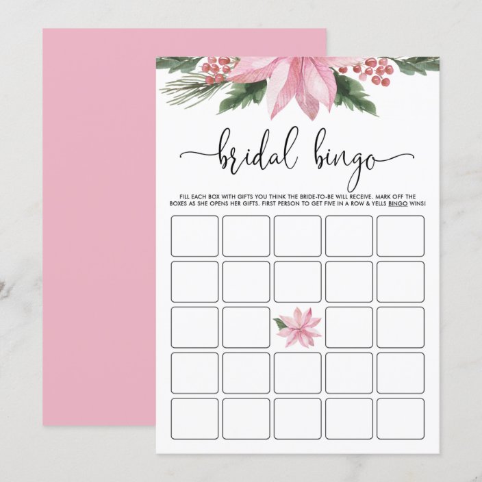 Pink Poinsettia Winter Bridal Shower Bingo Game Invitation | Zazzle