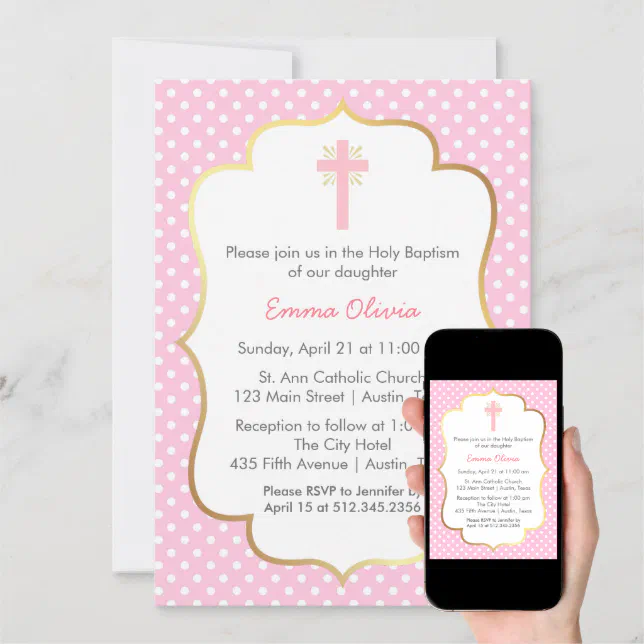 Pink Polka Dot Baptism with Cross and Gold Border Invitation | Zazzle