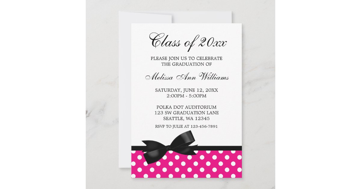 Pink Polka Dot Black Bow Graduation Announcement | Zazzle