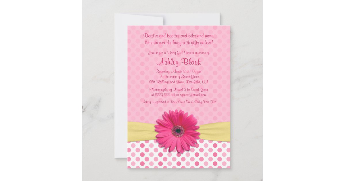 Pink Polka Dot Gerber Daisy Baby Shower Invitation | Zazzle