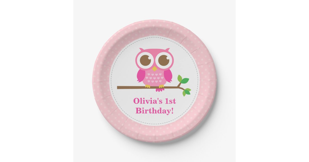 Pink Polka Dots Cute Owl Birthday Party Paper Plates | Zazzle