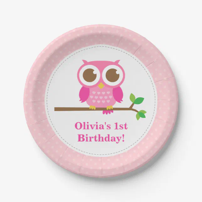 Pink Polka Dots Cute Owl Birthday Party Paper Plates | Zazzle