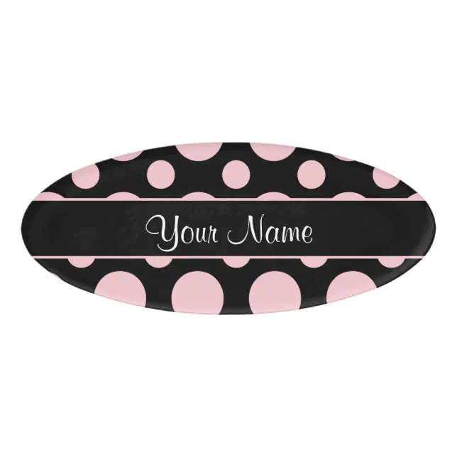 Pink Polka Dots On Black Background Name Tag | Zazzle