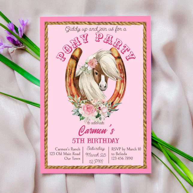 Pink pony birthday giddy up cowgirl party invitation | Zazzle