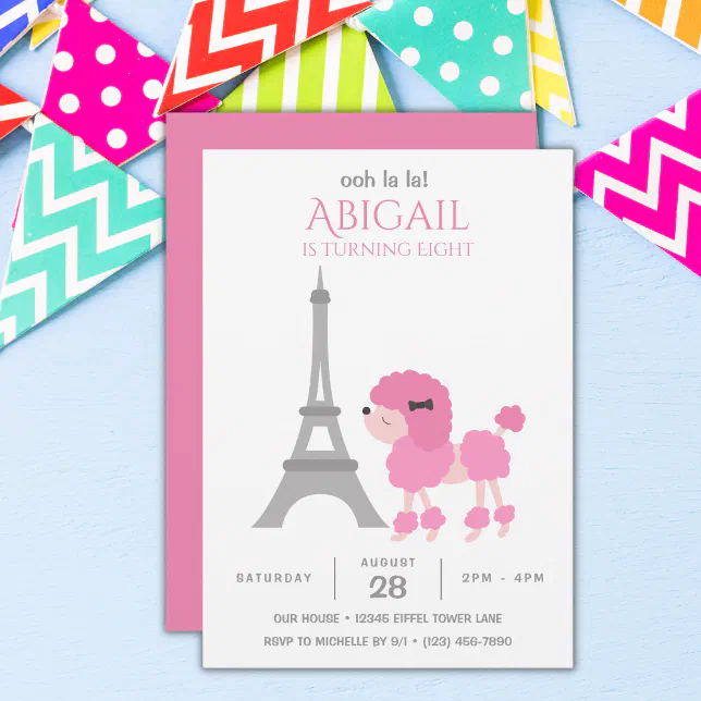 Pink Poodle Eiffel Tower Adorable Birthday Party Invitation | Zazzle