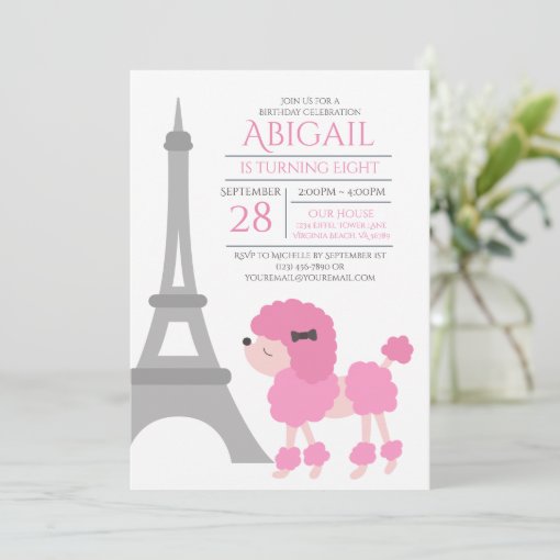 Pink Poodle Eiffel Tower Adorable Birthday Party Invitation | Zazzle