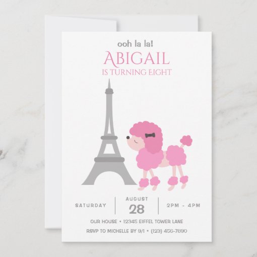 Pink Poodle Eiffel Tower Adorable Birthday Party Invitation | Zazzle