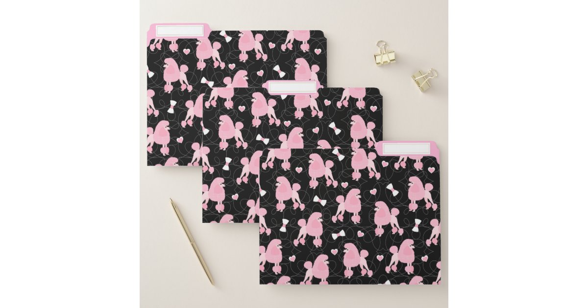 Pink Poodles and Bows Pattern Black File Folder | Zazzle