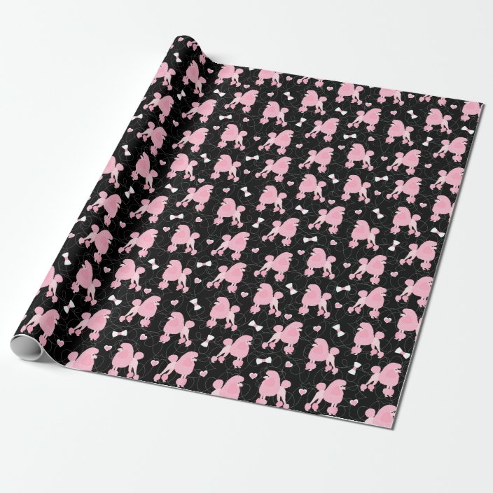 Pink Poodles and Bows Pattern Black Wrapping Paper | Zazzle.com
