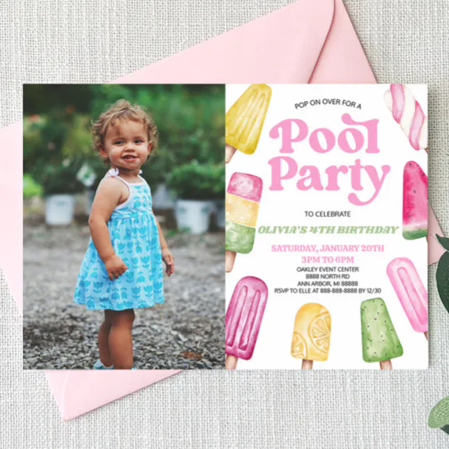 Pink Pool Party Popsicle Picture Birthday Party Invitation | Zazzle