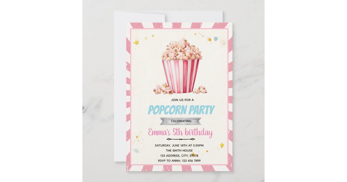 Pink popcorn party invitation | Zazzle