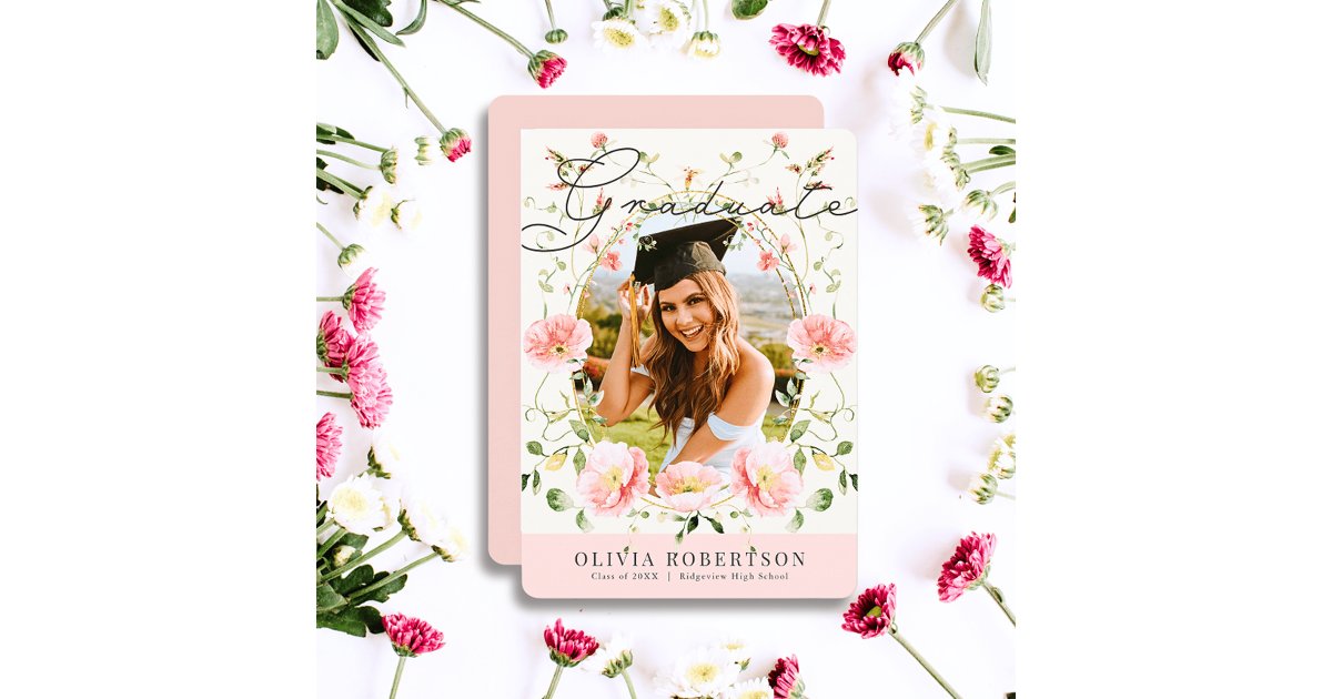 Pink Poppy Watercolor Floral Photo Graduation Invitation | Zazzle