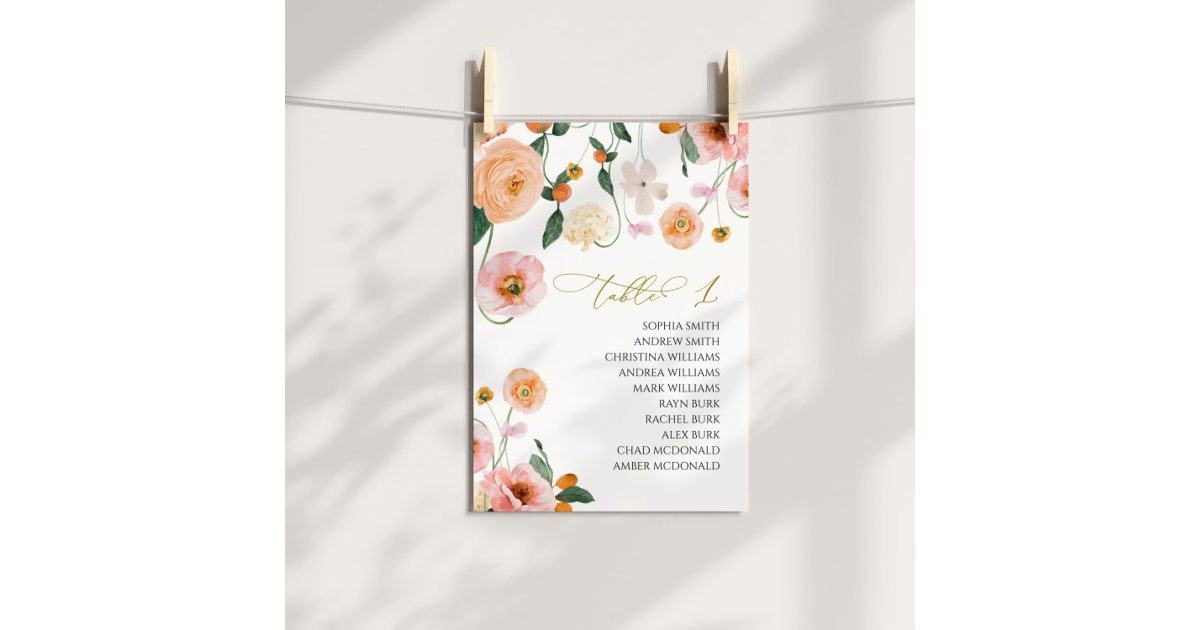 Pink Poppy Wedding Table Number 1 Seating Chart | Zazzle
