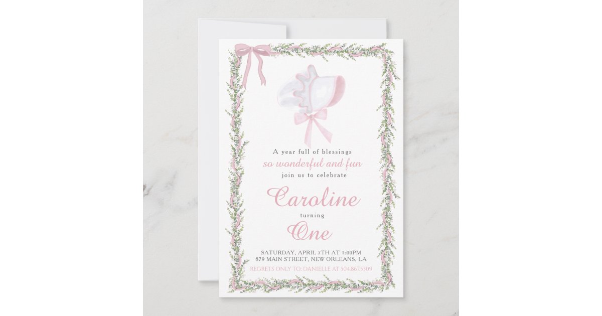 Pink Preppy Bonnet Girl First Birthday Invitation | Zazzle