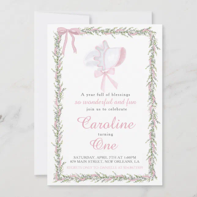 Pink Preppy Bonnet Girl First Birthday Invitation | Zazzle