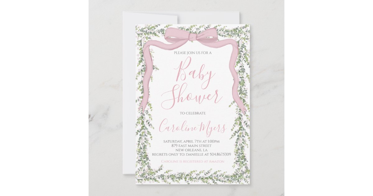 Pink Preppy Bow Ribbon Girl Baby Shower Invitation | Zazzle
