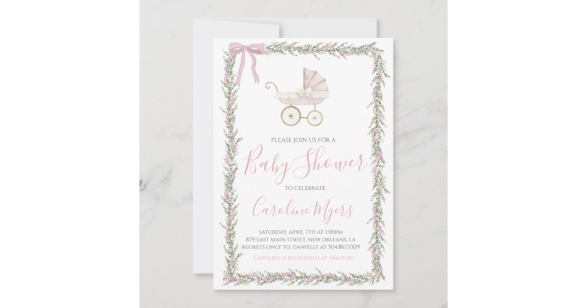Pink Preppy Carriage Baby Girl Shower Invitation | Zazzle