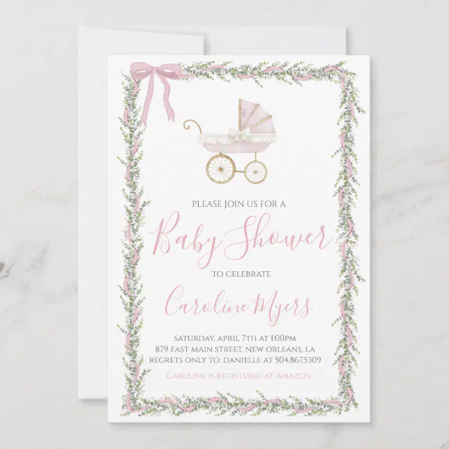 Pink Preppy Carriage Baby Girl Shower Invitation | Zazzle