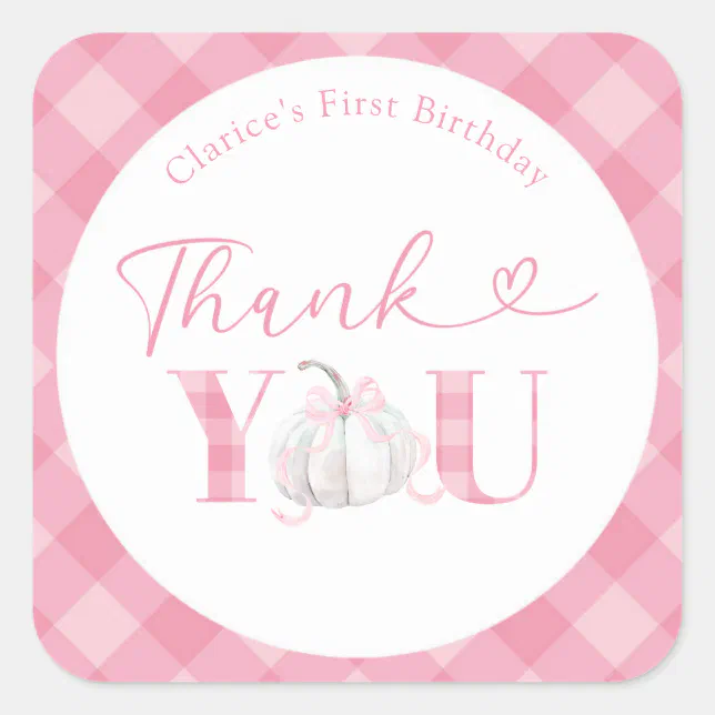 Pink Preppy Girl Pumpkin Birthday Thank You Square Sticker | Zazzle