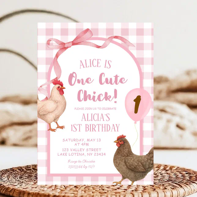 Pink Preppy Plaid One Cute Chick Birthday Invitation | Zazzle