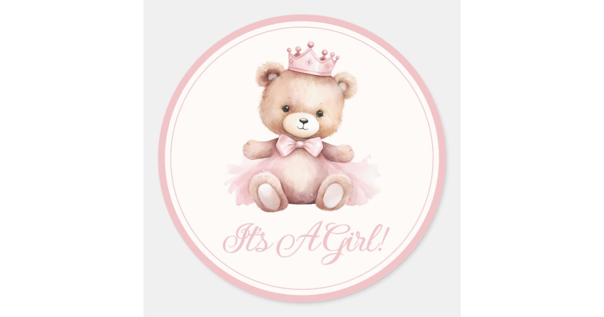 Pink Princess Bear Baby Girl Baby Shower Classic Round Sticker | Zazzle