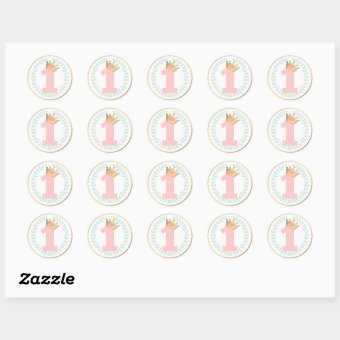 Pink Princess Crown Baby Girl First Birthday Classic Round Sticker | Zazzle
