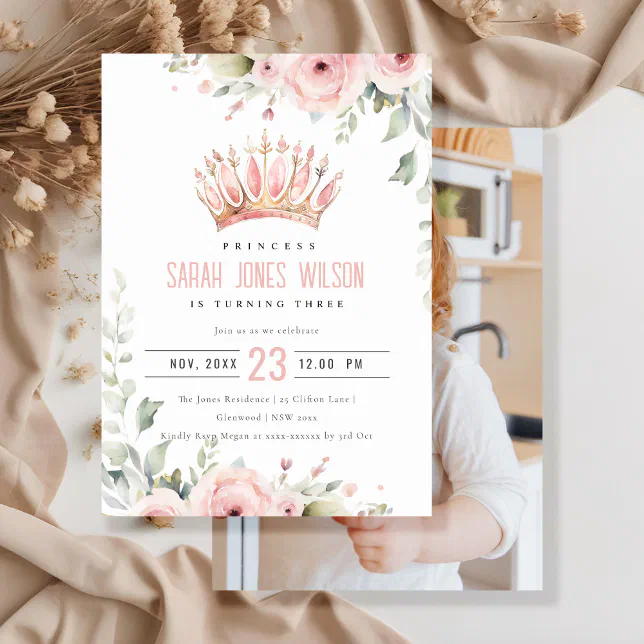 Pink Princess Crown Tiara Floral Photo Birthday Invitation | Zazzle
