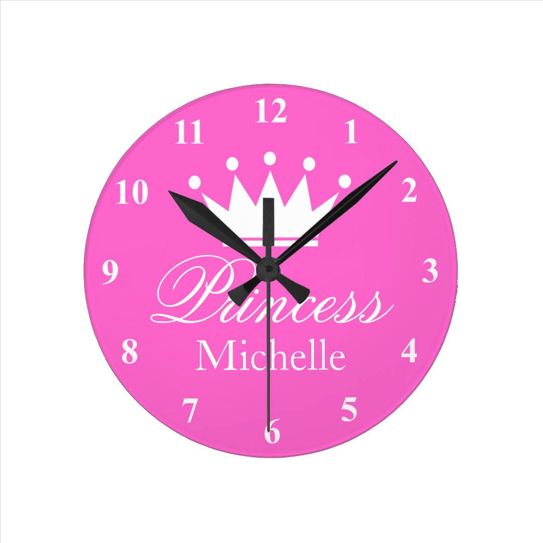 Pink princess crown wall clock with girls name | Zazzle