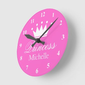 Pink princess crown wall clock with girls name | Zazzle
