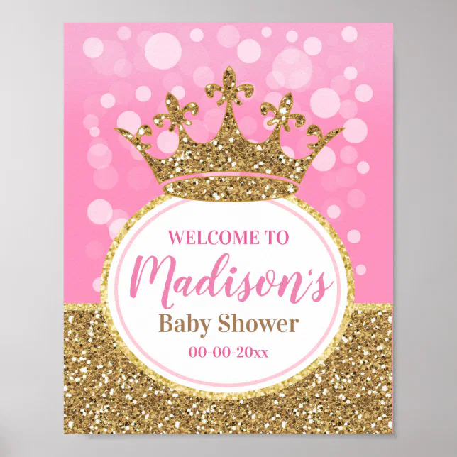 Pink princess crown Welcome Sign Girl Shower gold | Zazzle