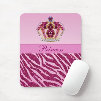 Pink Princess Crown Zebra Glitter Print Mousepad | Zazzle
