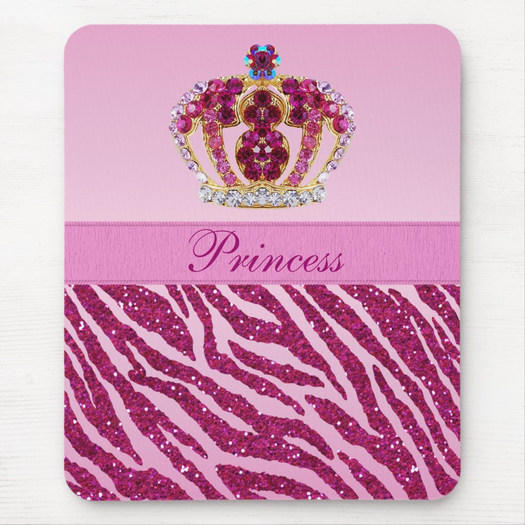 Pink Princess Crown Zebra Glitter Print Mousepad | Zazzle
