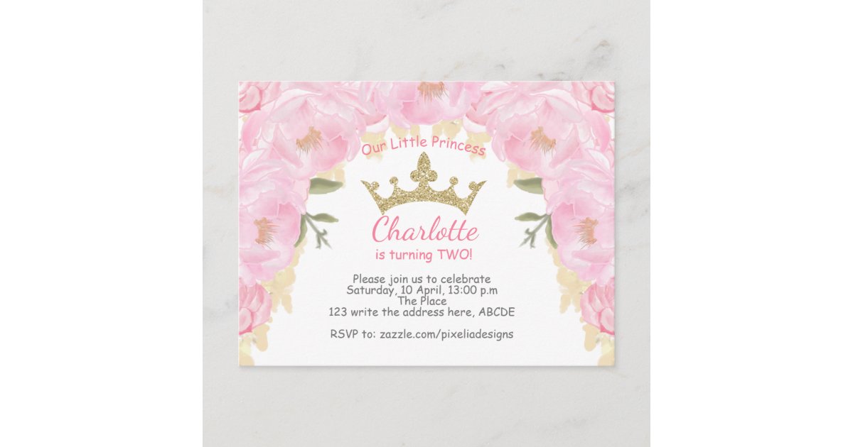 Pink Princess Floral Glitter Postcard Invitations | Zazzle