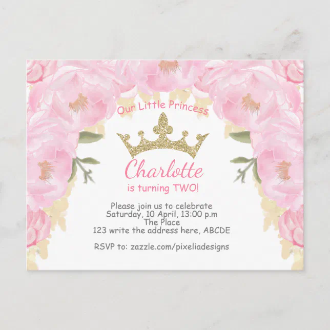 Pink Princess Floral Glitter Postcard Invitations | Zazzle