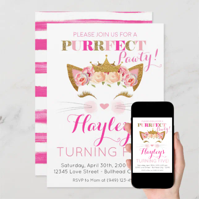 Pink Princess Kitten Cat Birthday Invitation | Zazzle