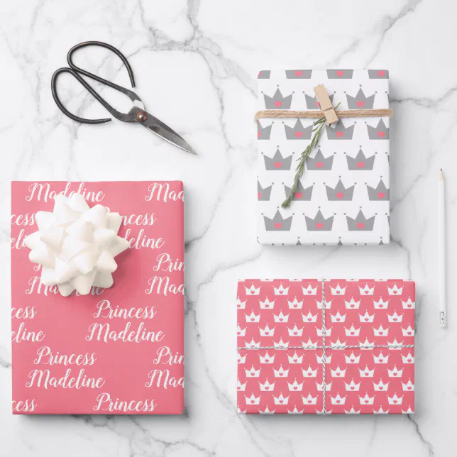 Pink Princess Name & Princess Crowns Wrapping Paper Sheets | Zazzle