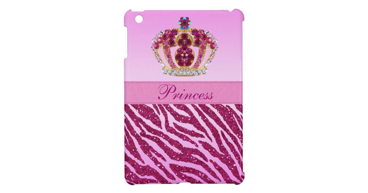 Pink Princess Printed Crown & Zebra Glitter iPad Mini Cover | Zazzle