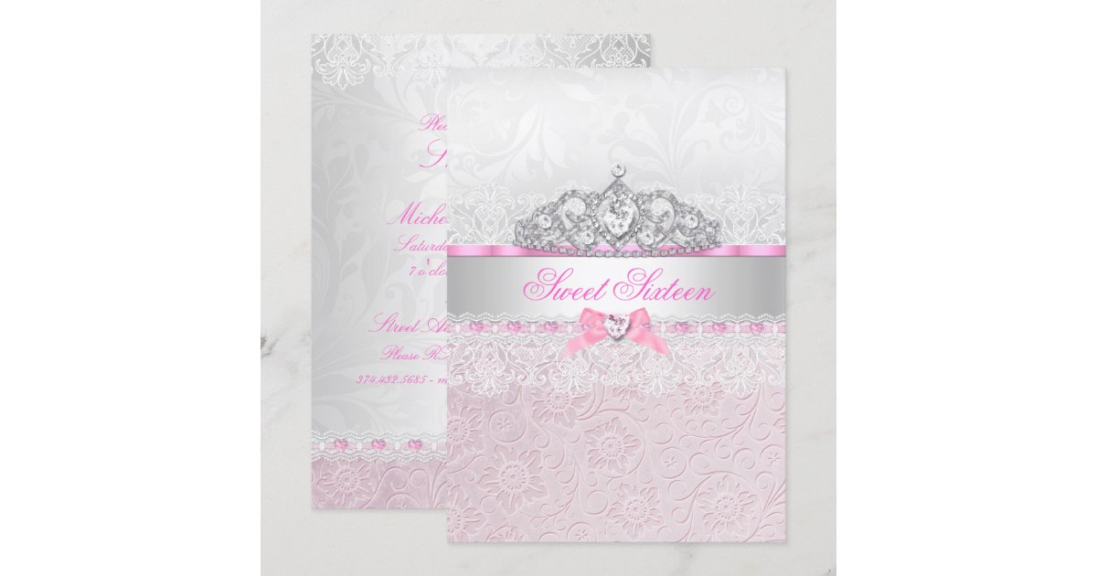 Pink Princess Tiara Lace Sweet 16 Invitation | Zazzle