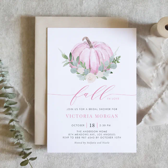 Pink Pumpkin and Greenery Fall Bridal Shower Invitation | Zazzle