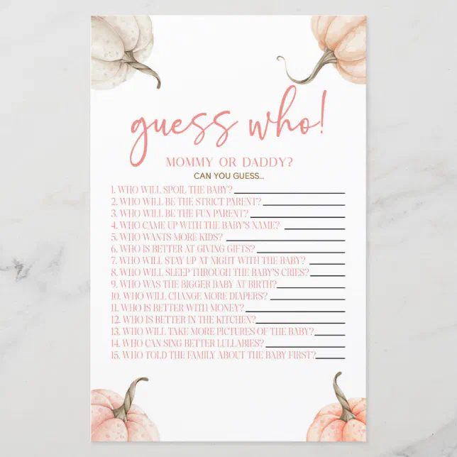 Pink Pumpkins Fall Guess Who Baby Shower Game | Zazzle