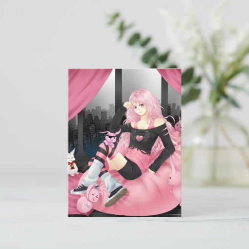Pink punk anime girl postcard | Zazzle