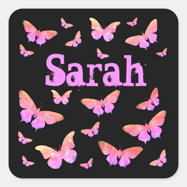 Pink & Purple Artsy Butterfly Art Sarah Girls Name Square Sticker | Zazzle