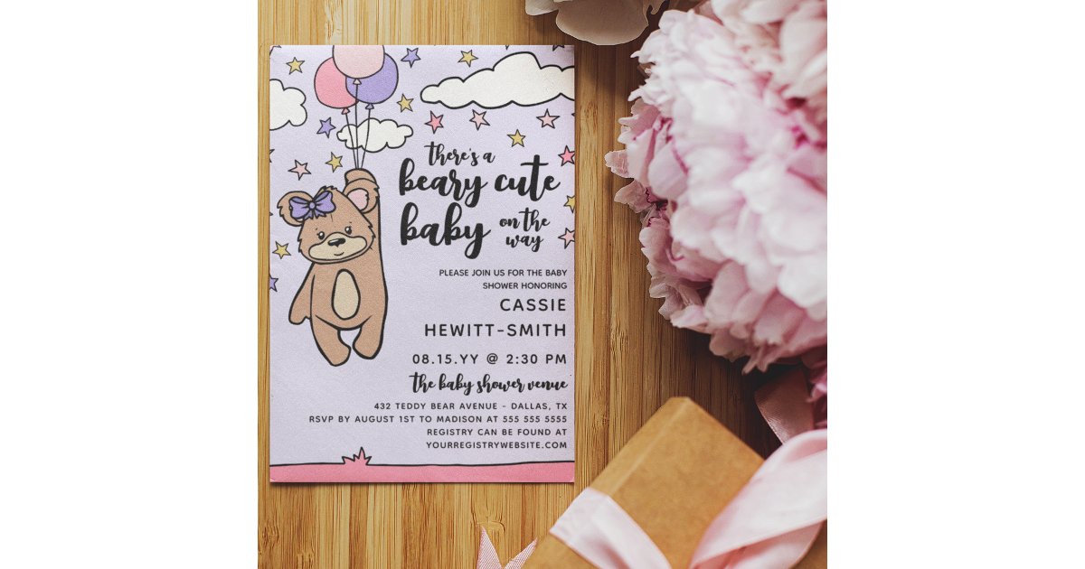 Pink Purple Beary Cute Girl Baby Shower Invitation | Zazzle
