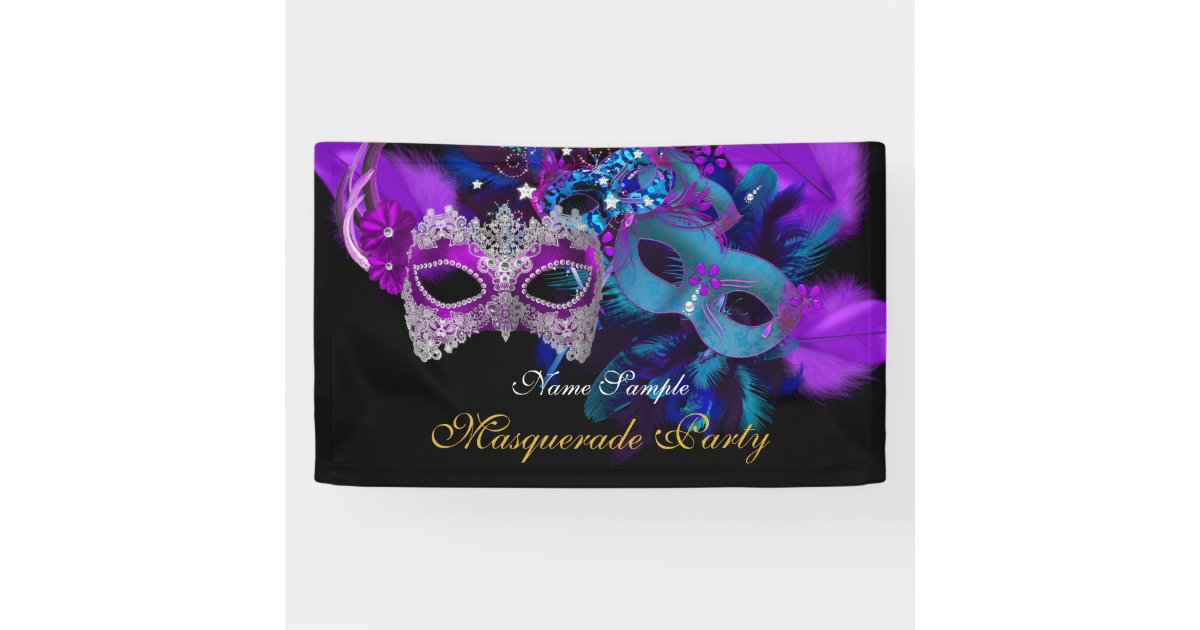Pink Purple Blue Masks Masquerade Party Banner | Zazzle