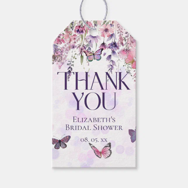 Pink Purple Butterflies & Wildflowers Thank You Gift Tags | Zazzle