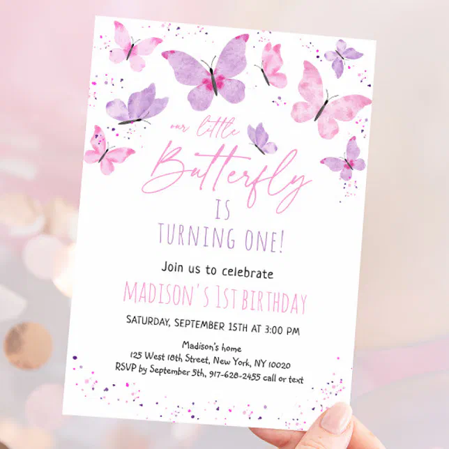 Pink Purple Butterfly Birthday Invitation | Zazzle
