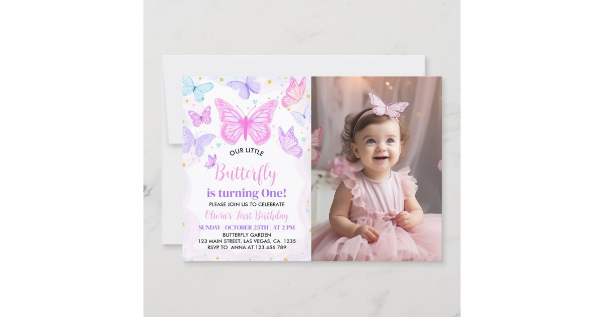 Pink Purple Butterfly First Birthday Invitation | Zazzle